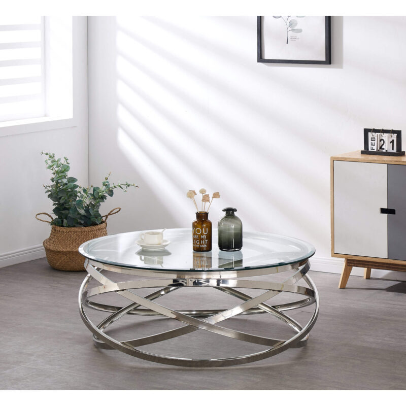 Nevada Round Coffee Table Clear Glass & Silver Frame – Heartlands ...